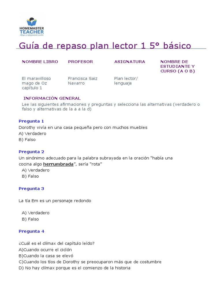 Tarea Repaso Plan Lector | PDF