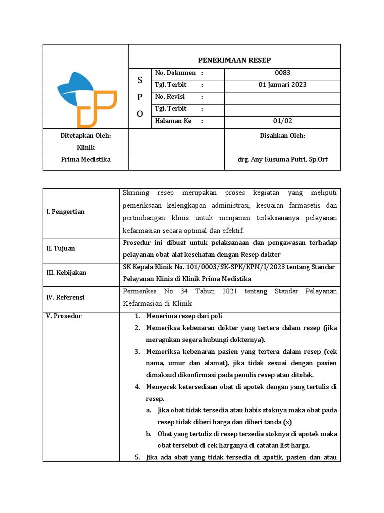 Format 0083 SPO- Penerimaan Resep | PDF