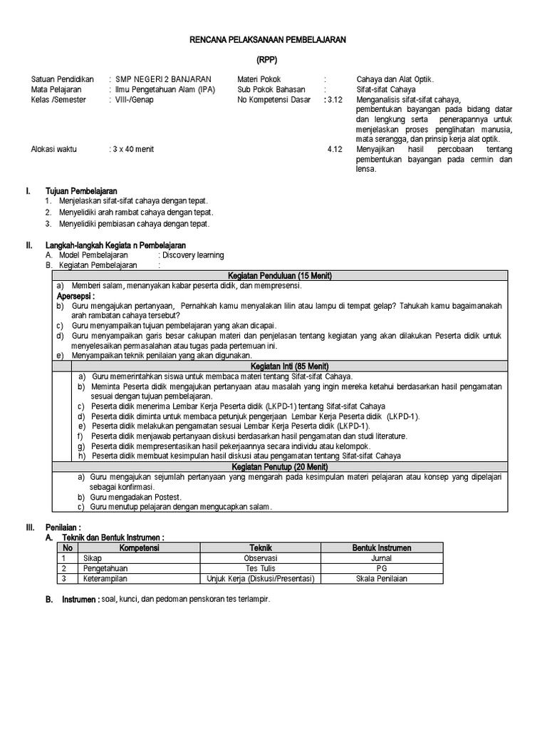 RPP IPA Cahaya Dan Alat Optik Part-21 | PDF