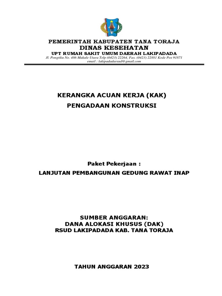 KAK Lanjutan Pembangunan Ruang Rawat Inap RSUD Lakipadada 2023 | PDF | Teknologi & Rekayasa
