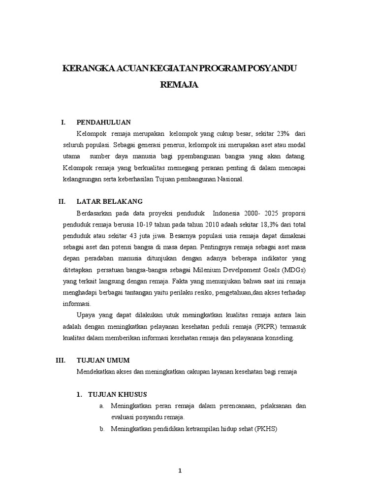Kerangka Acuan Program Posyandu Remaja | PDF