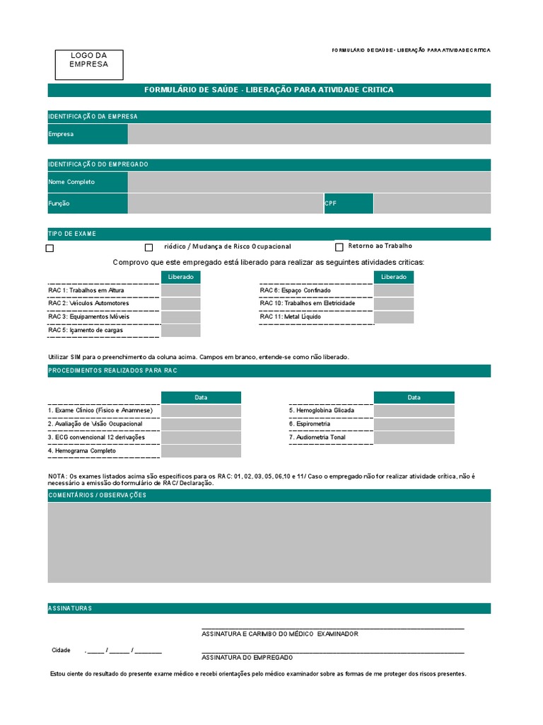 ANEXO 05 - ForMULARIO de SAUDE RAC - Liberacao para Atividade Critica ...