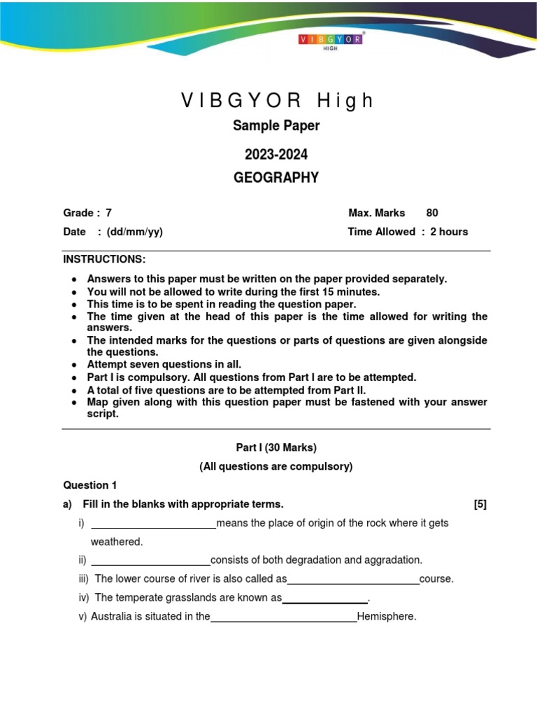 Grade 7 Geography Sample Paper 2023-24 | PDF | Australia | Weathering
