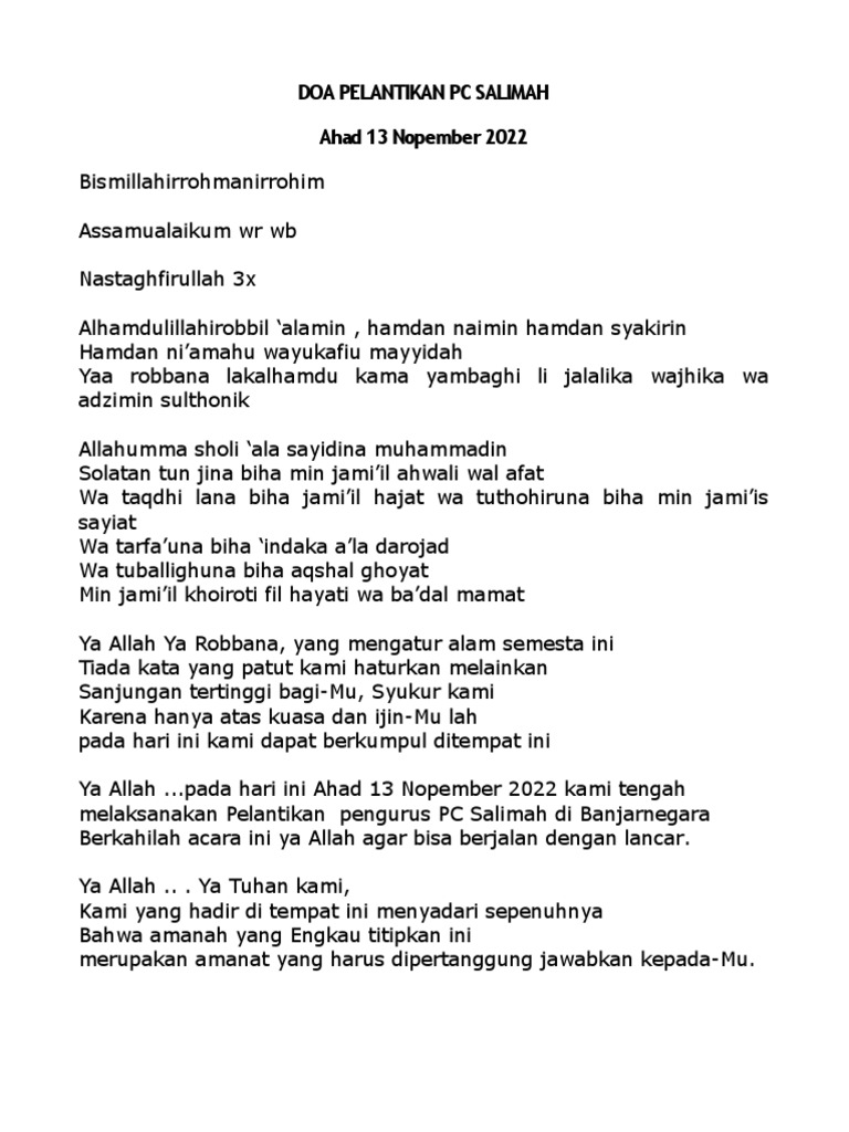Doa Pelantikan PC Salimah | PDF