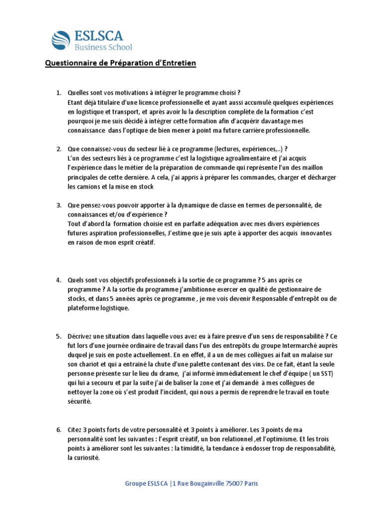 Questionnaire Preparation Entretien - Groupe ESLSCA | PDF | Logistique