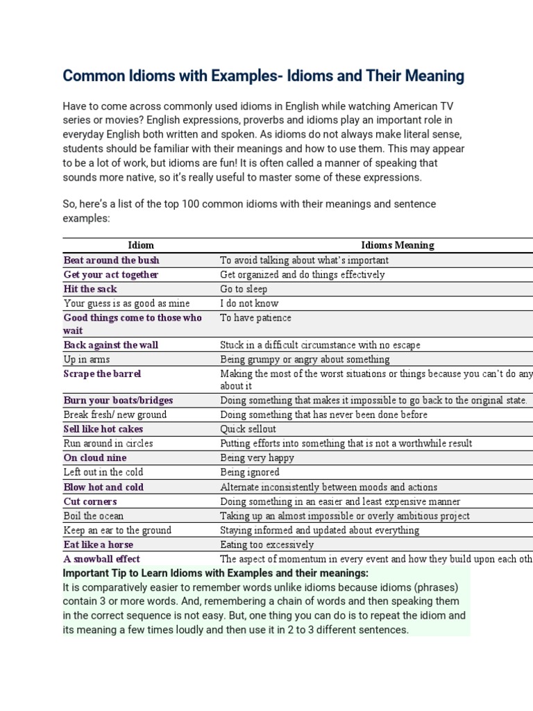 Common Idioms With Examples | PDF | Idiom