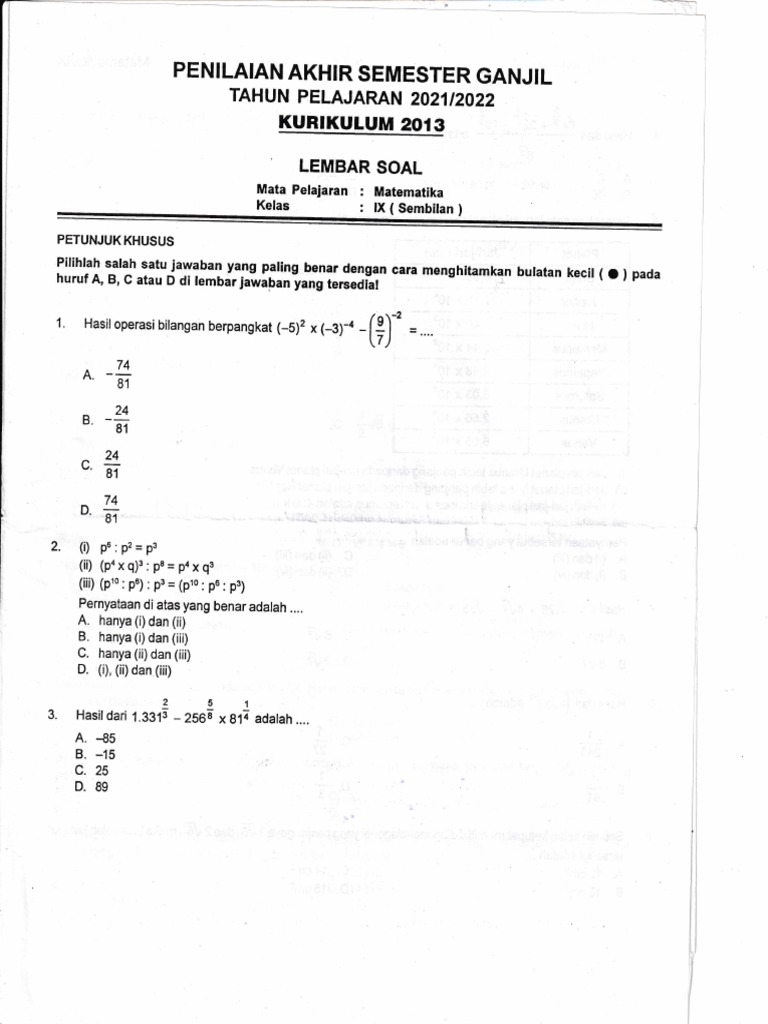 Pas 9 Ganjil MTK 2021-2022 | PDF