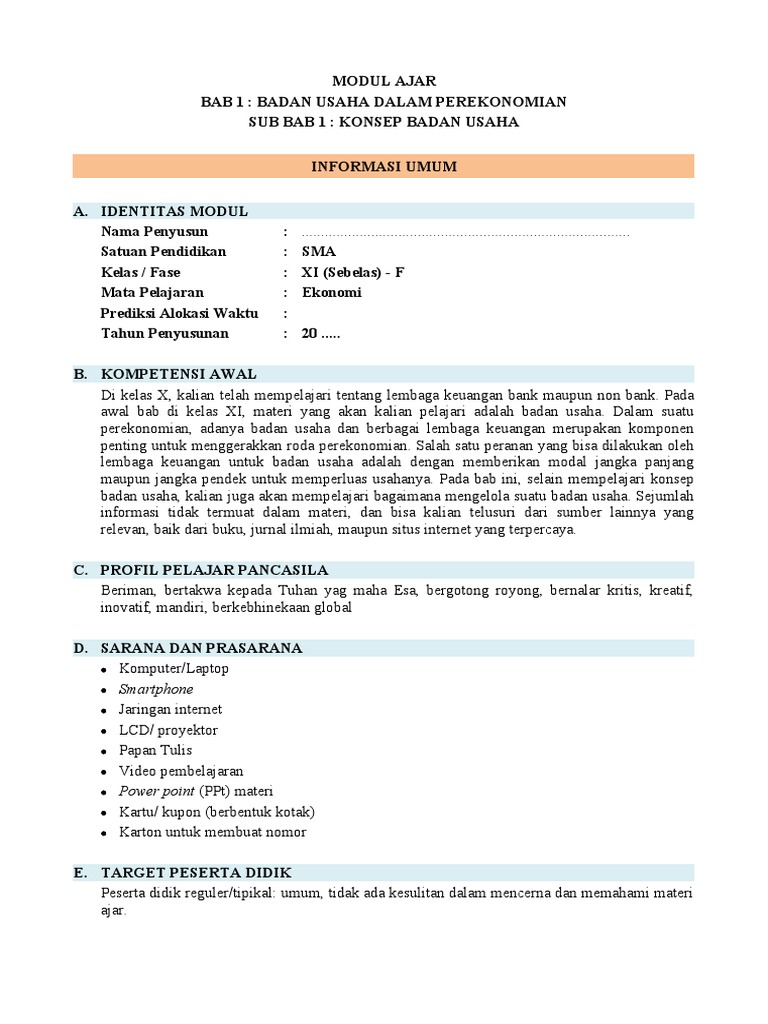 Ekonomi 11 Bab 1 - Badan Usaha Dalam Perekonomian | PDF | Karier & Perkembangan