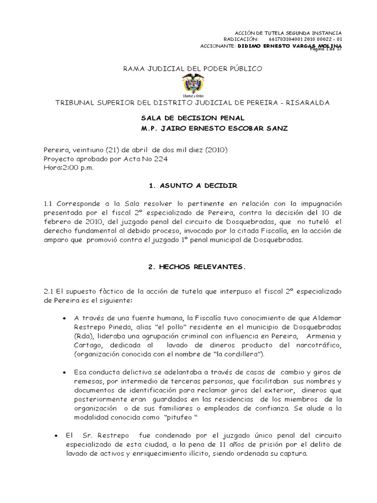 2010-00022-01. Didimo Ernesto Vargas Molina & Juzgado 1. de Ctorl de ...