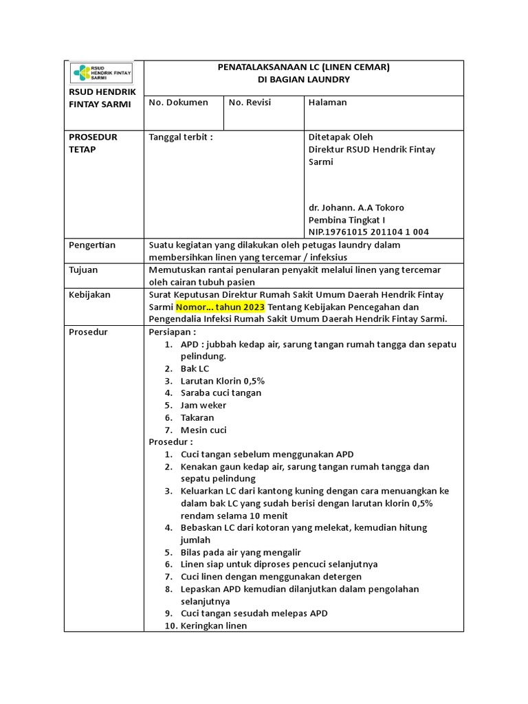 SOP Penatalaksanaan LC (Linen Cemar) Di Bagian Laundry | PDF | Griya ...