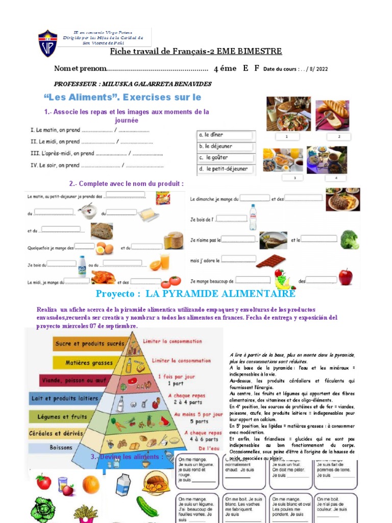 Fiche travail de Français 4 eme les fruits et des legumes | PDF