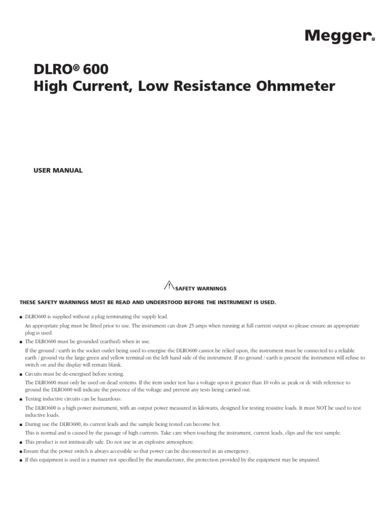 MEGGER DLRO600 Digital Microhmmeter User Manual | PDF | Ac Power Plugs ...
