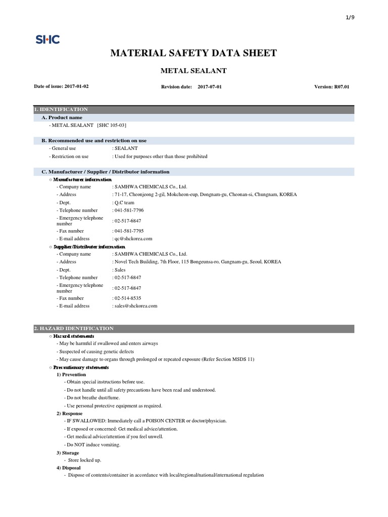 Metal Sealant Safety Data Sheet | PDF | Firefighting | Safety