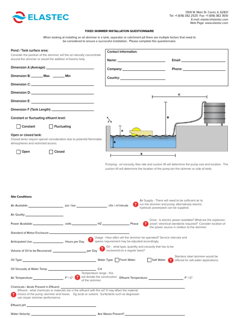 Fixed Skimmer Installation Questionnaire | PDF | Pump | Water