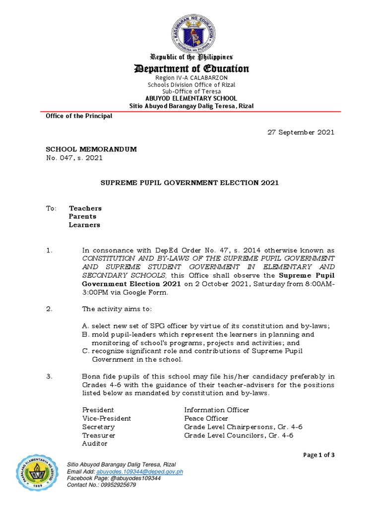 SPG Election Memo for Abuyod Elementary | PDF | Government