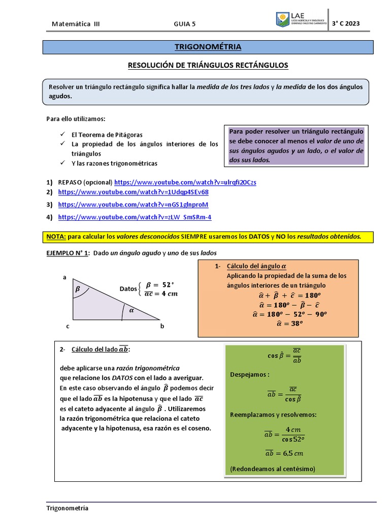 GUIA 5 - Resolución de Triángulos - Problemas 3° C - LAE 2023 | PDF ...