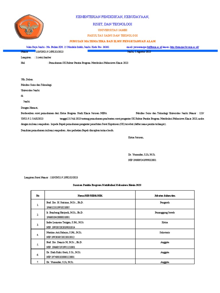KIMIA - Permohonan SK Rektor Panitia Program Matrikulasi Mahasiswa ...