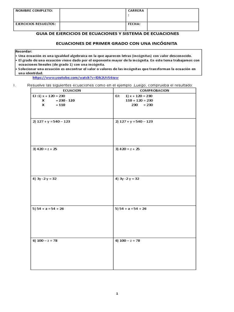 Guia de Ejercicios Ecuaciones y Sistema de Ecuaciones | PDF | Ecuaciones | Matemáticas Aplicadas