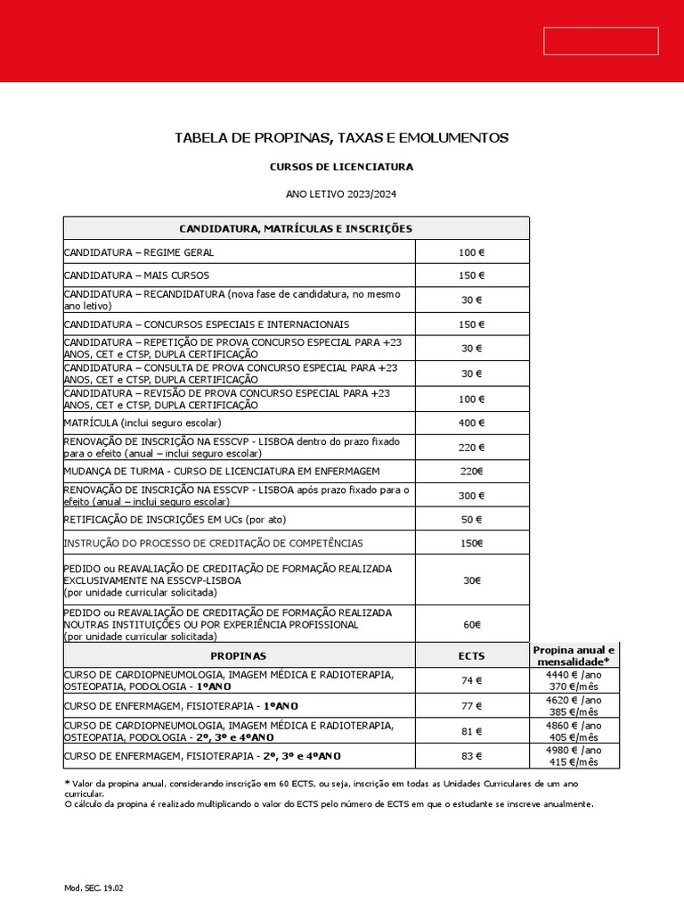 Licenciaturas Tabela Propinas Licenciaturas 2324 | PDF