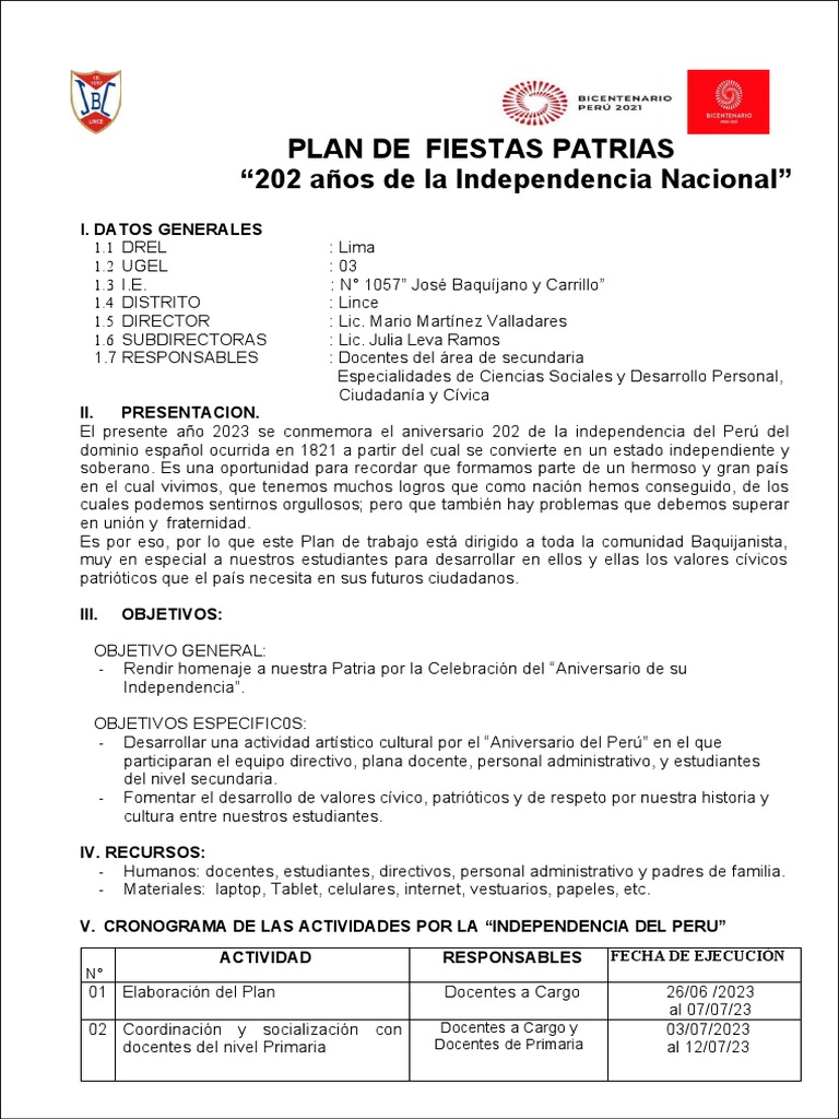 Plan de Fiestas Patrias-2023 | PDF