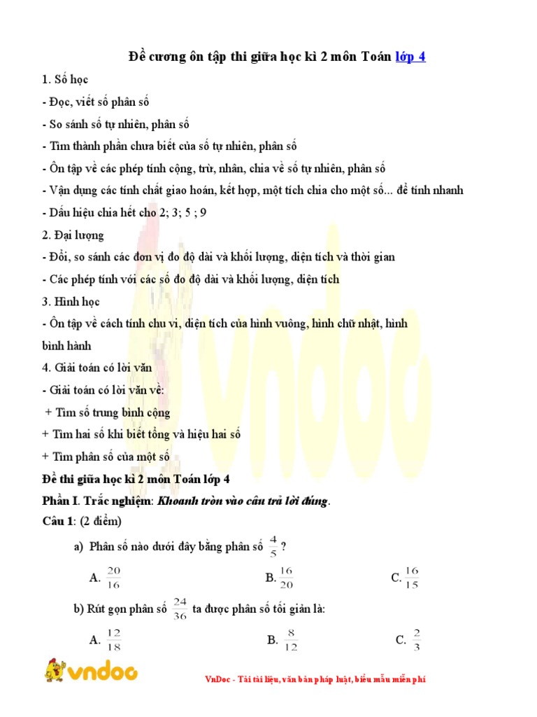 De Cuong On Tap Giua Hoc Ki 2 Lop 4 Mon Toan | PDF
