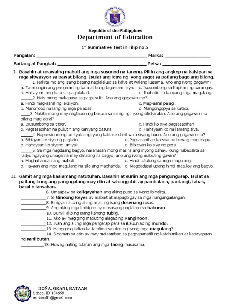 1st Summative Test in Filipino 5 | PDF