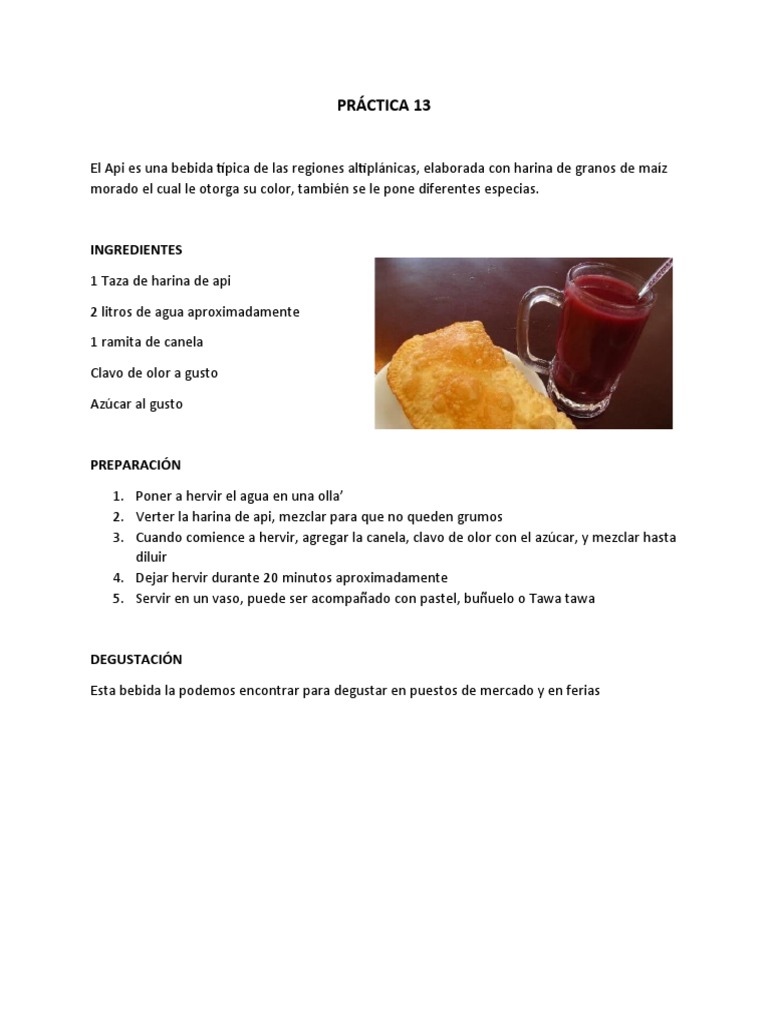 Receta de Api: Bebida Aymara Típica | PDF
