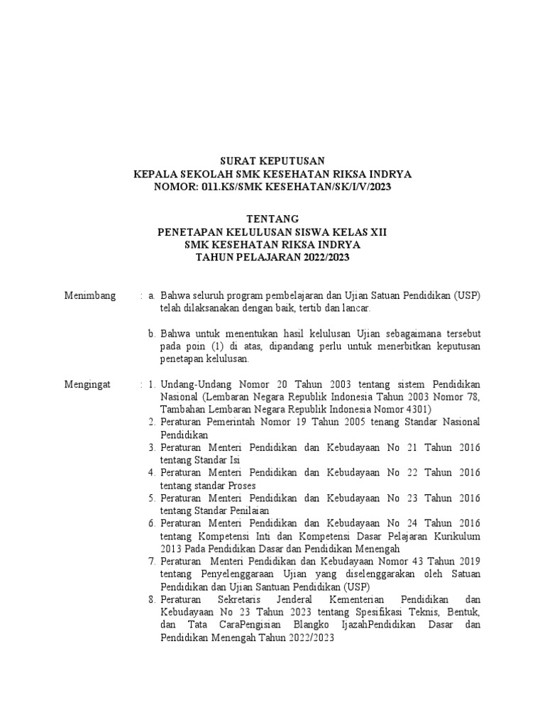 Surat Keputusan Kelulusan 22-23 | PDF