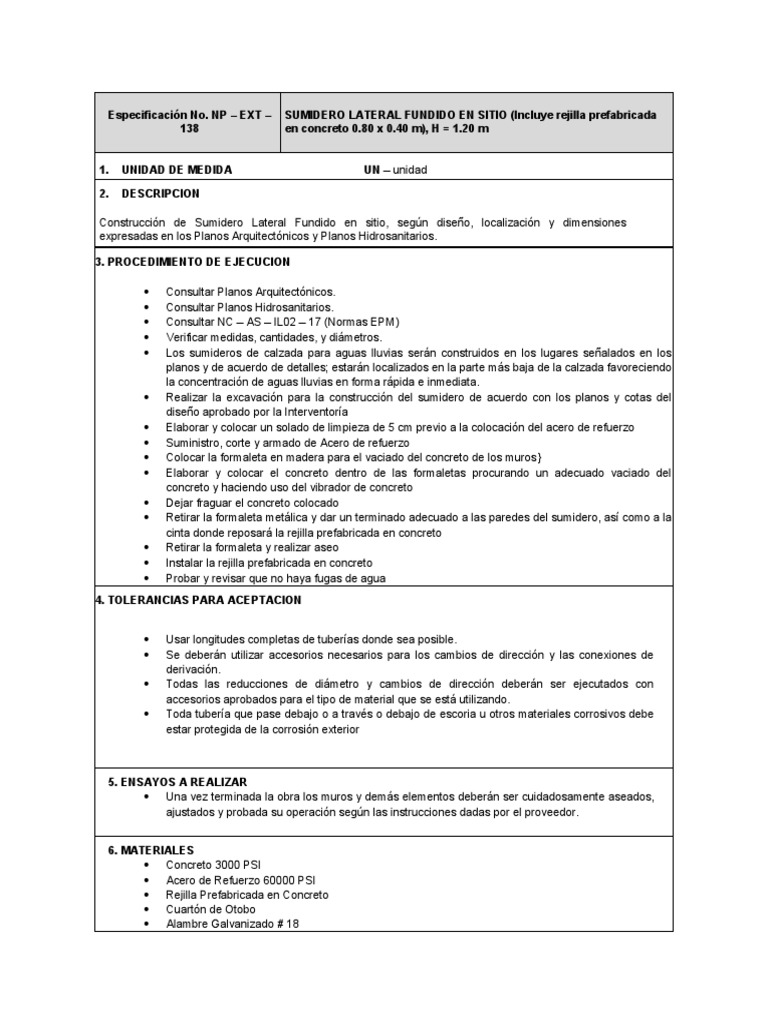 Especificación Tecnica Sumidero | PDF | Hormigón