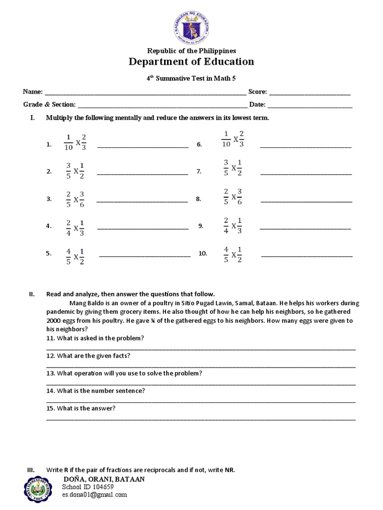 4th Summative Test in Math 5 | PDF | Mathematics