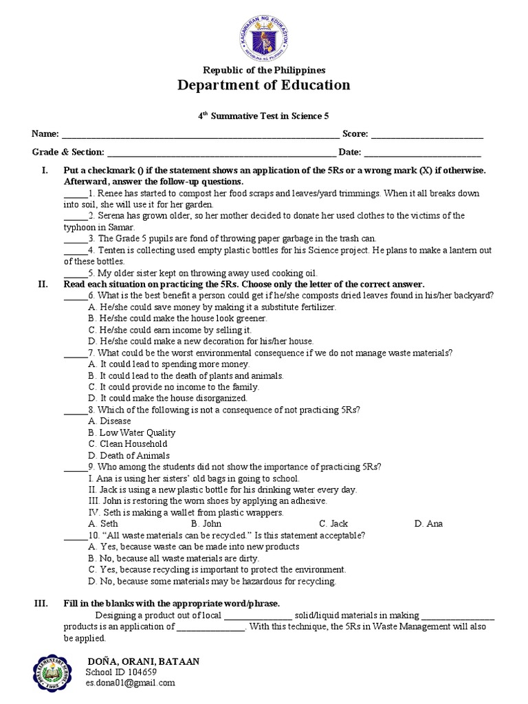 4th Summative Test in Science 5 Module 2 - Lesson 1, 2, 3 | PDF
