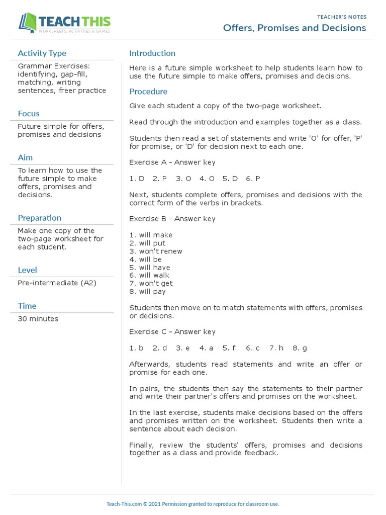 Offers Promises and Decisions Worksheet | PDF | Linguistics