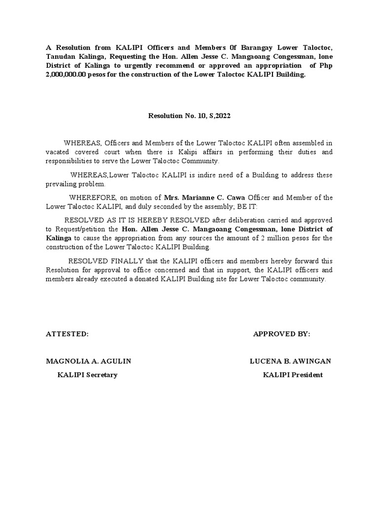 A Resolution From KALIPI Officers and Members 0f Barangay Lower ...