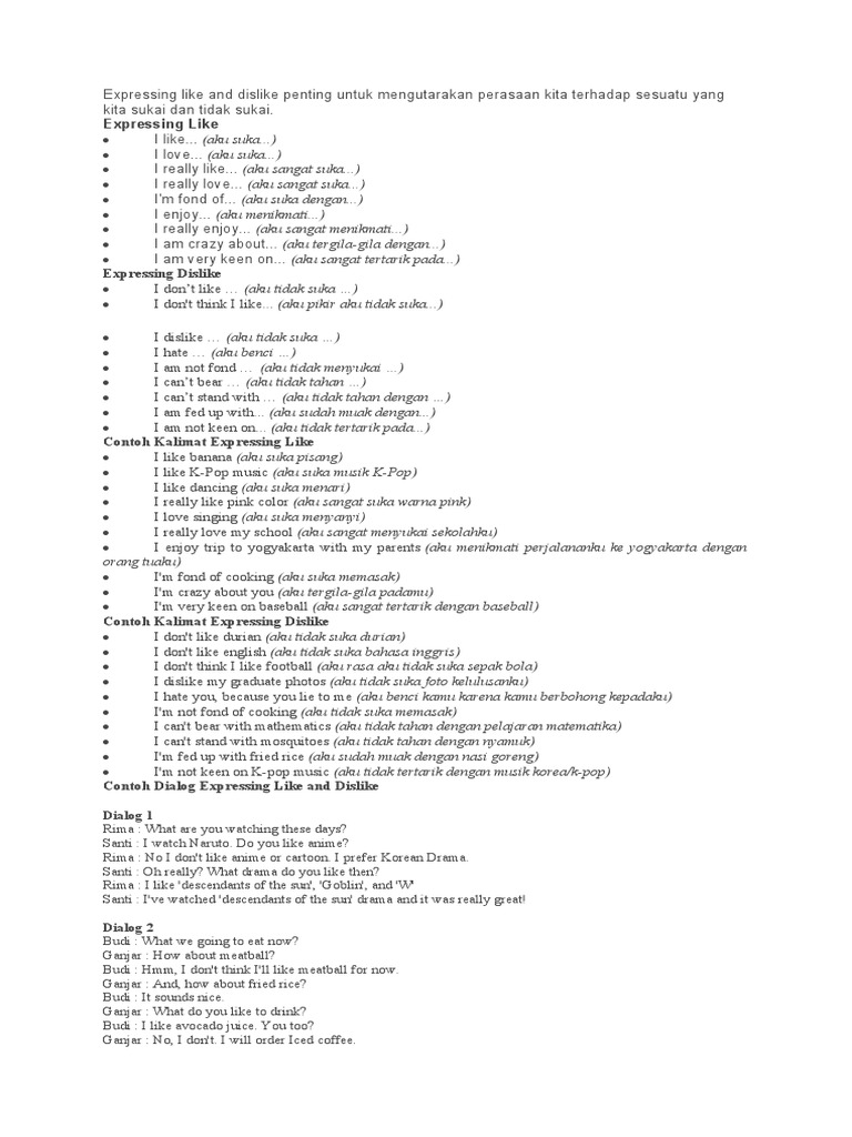 Expressing Like and Dislike Kls 7 | PDF