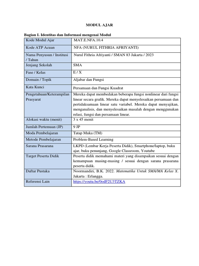 Modul Ajar Persamaan Dan Fungsi Kuadrat | PDF