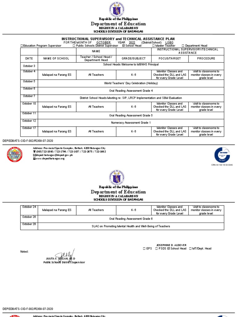 October 2022 Instructional Supervisory and Technical Assistance Plan MNPES (1) | PDF | Cognition ...