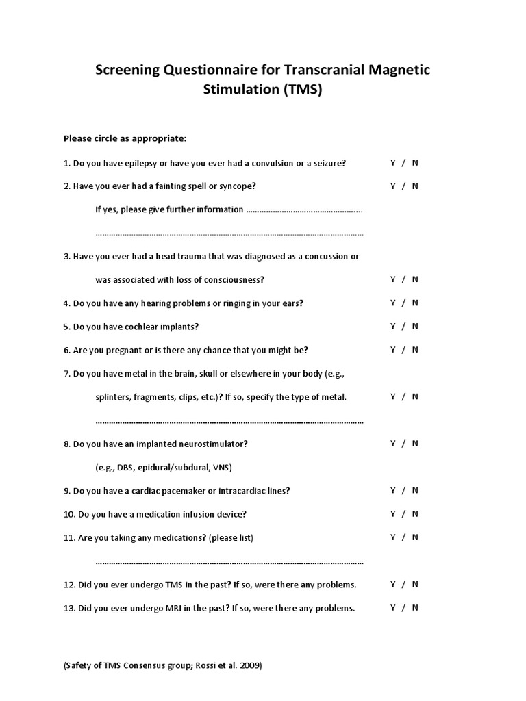 TMS Screening Questionnaire | PDF