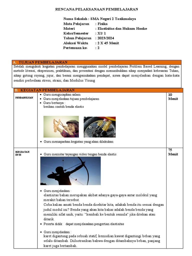 RPP Kls XI 1. Elastisitas Stress, Strain, Modulus Young Pertemuan 2 2023 | PDF | Sains & Matematika