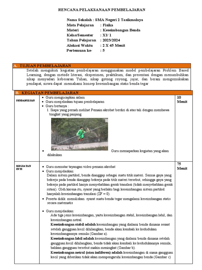 RPP Kls XI Dinamika Rotasi Keseimbangan Benda Statis Pertemuan 5 2023 | PDF
