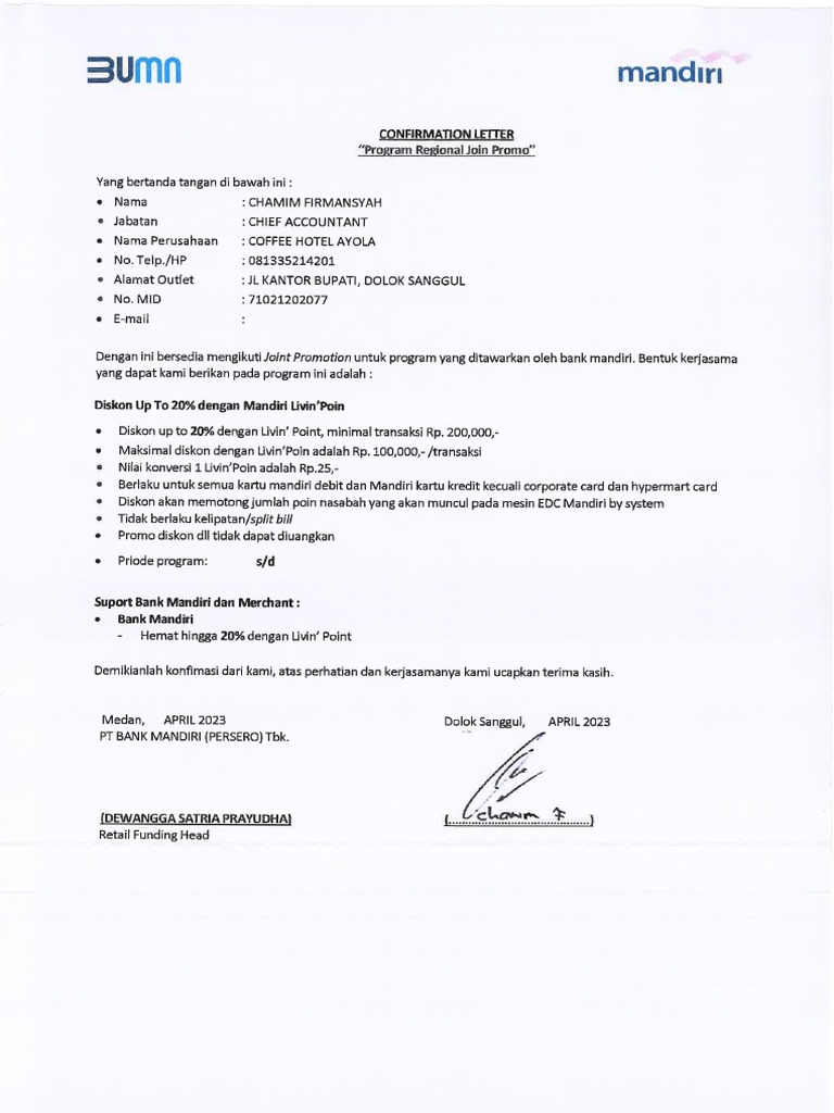 Confirmation Letter Area Pms | PDF