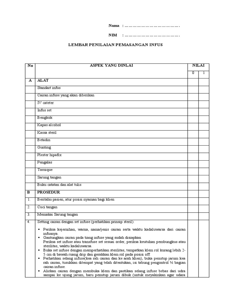 Chek List Pemasangan Infus | PDF