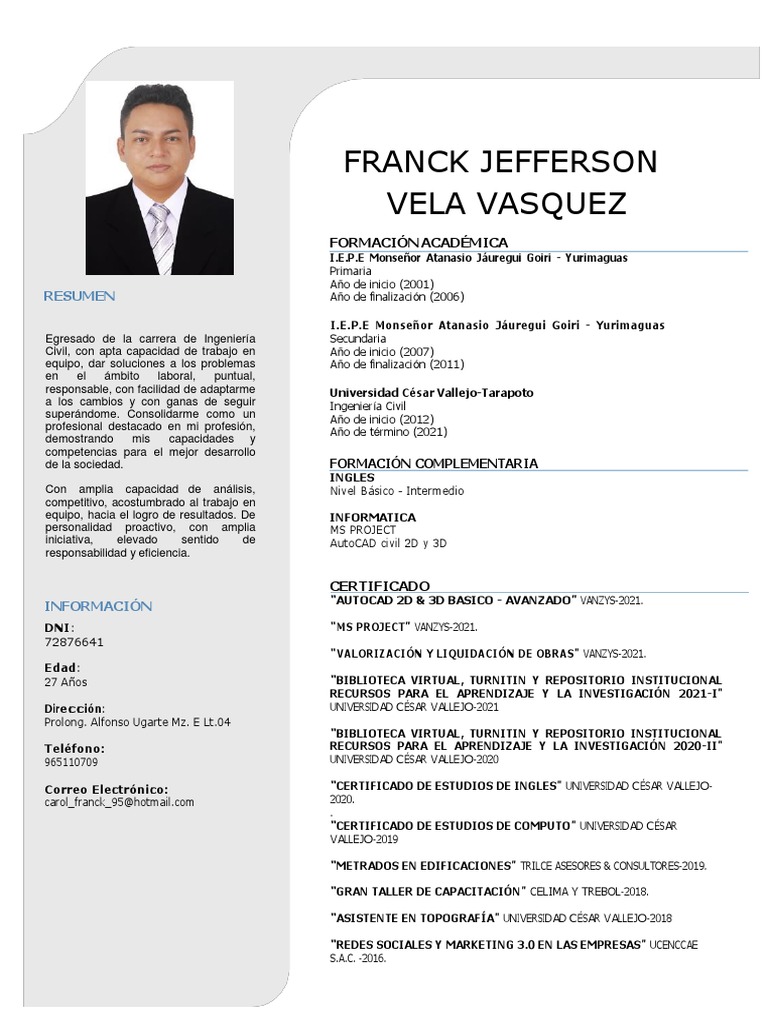 Franck Jefferson Vela Vasquez Currículum Vitae | PDF