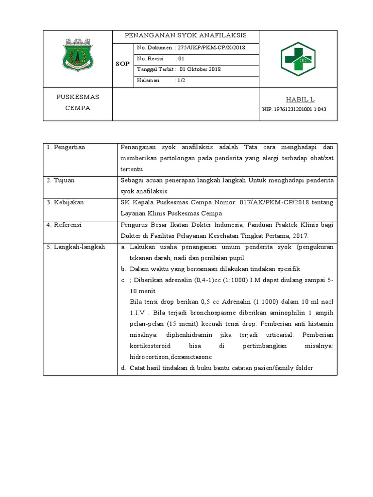 Sop Penanganan Syok Anafilaksis | PDF