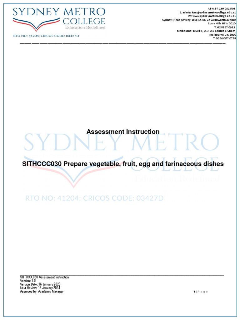 SITHCCC030 - Assessment Instruction - v1.0 | PDF | Pasta | Cooking