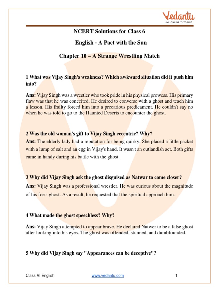 NCERT Solutions For Class 6 English Chapter 10 A Strange Wrestling