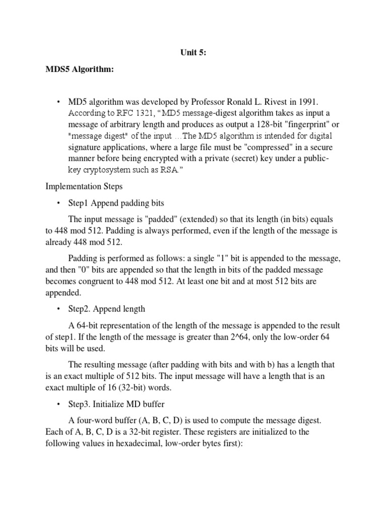 MD5 Algorithm and Secure Hash Functions | PDF | Computers
