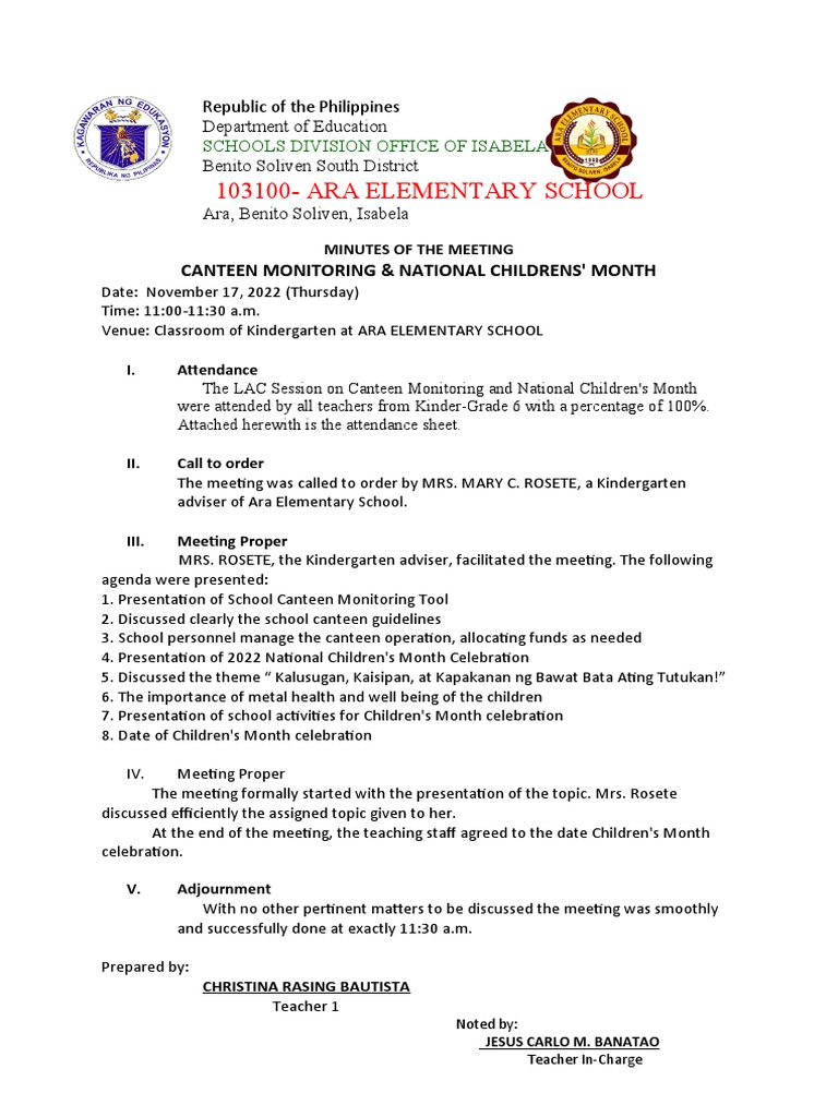 Minutes of Meeting On Canteen Monitorig National Childrens Month by ...
