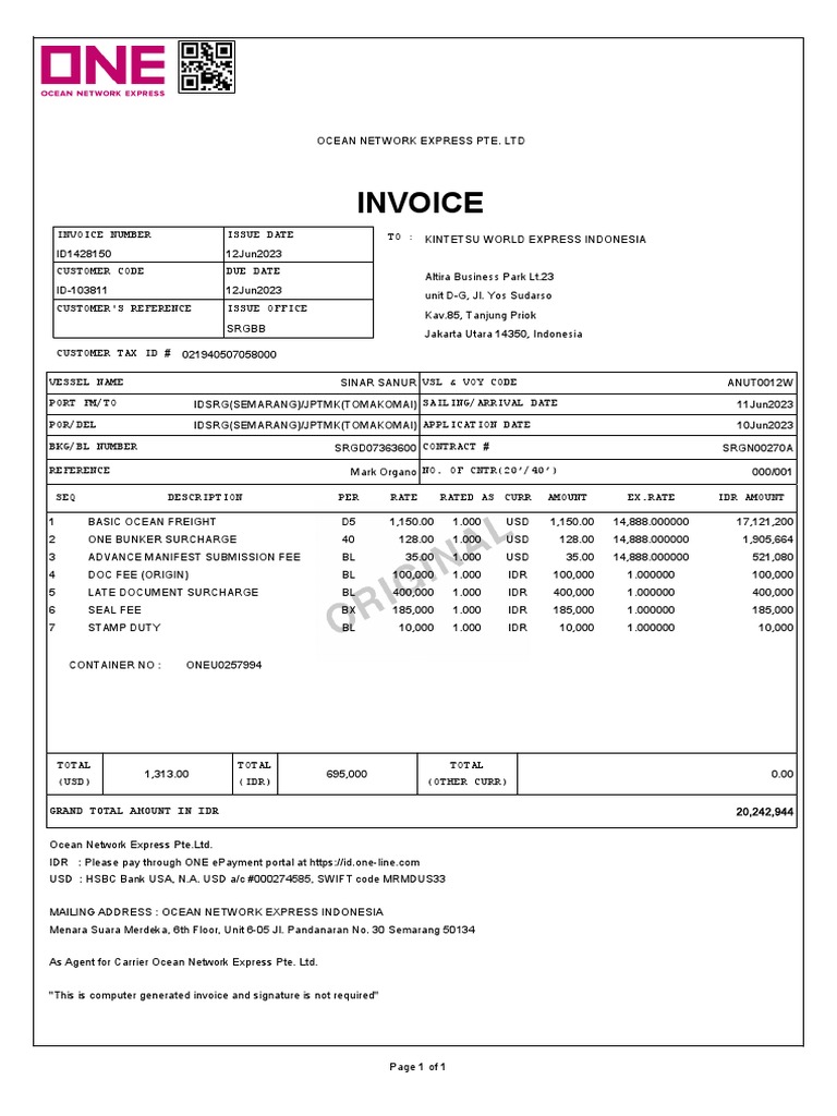 Ocean Freight Invoice Breakdown | PDF | Payments
