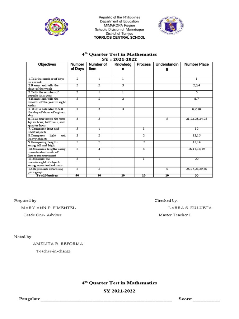 Grade 1 Math Summative Test Q2 | PDF | Science | Metrology