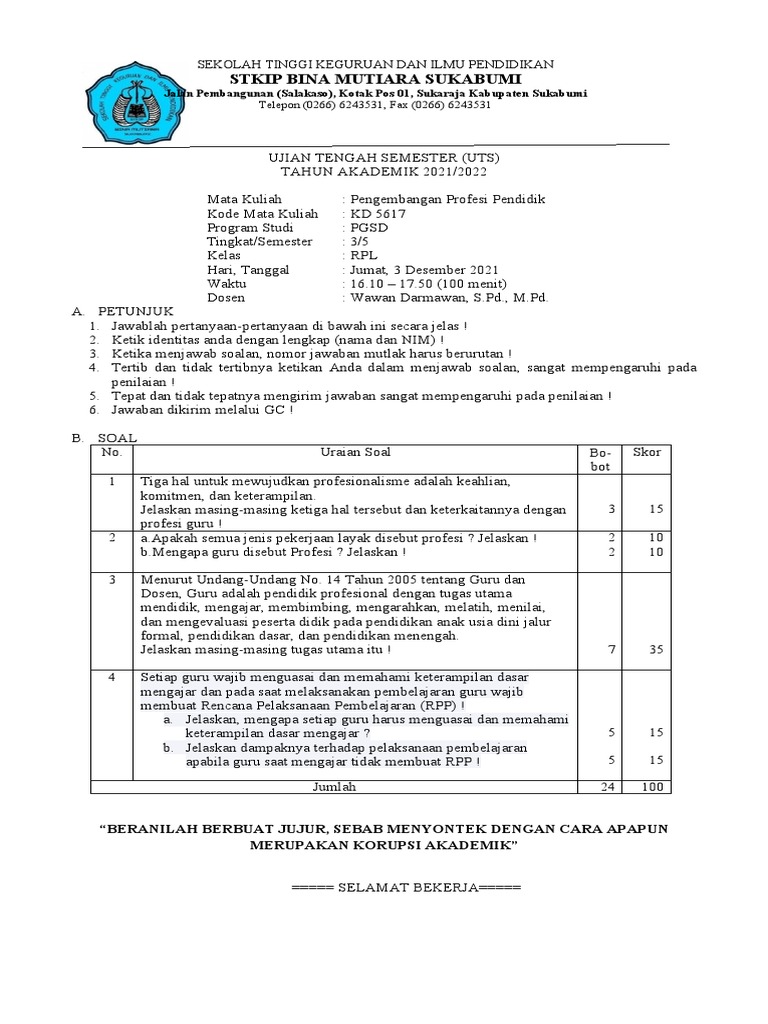 Andri Nurjaman, Soal UTS Pengembangan Profesi Pendidik | PDF | Karier & Perkembangan